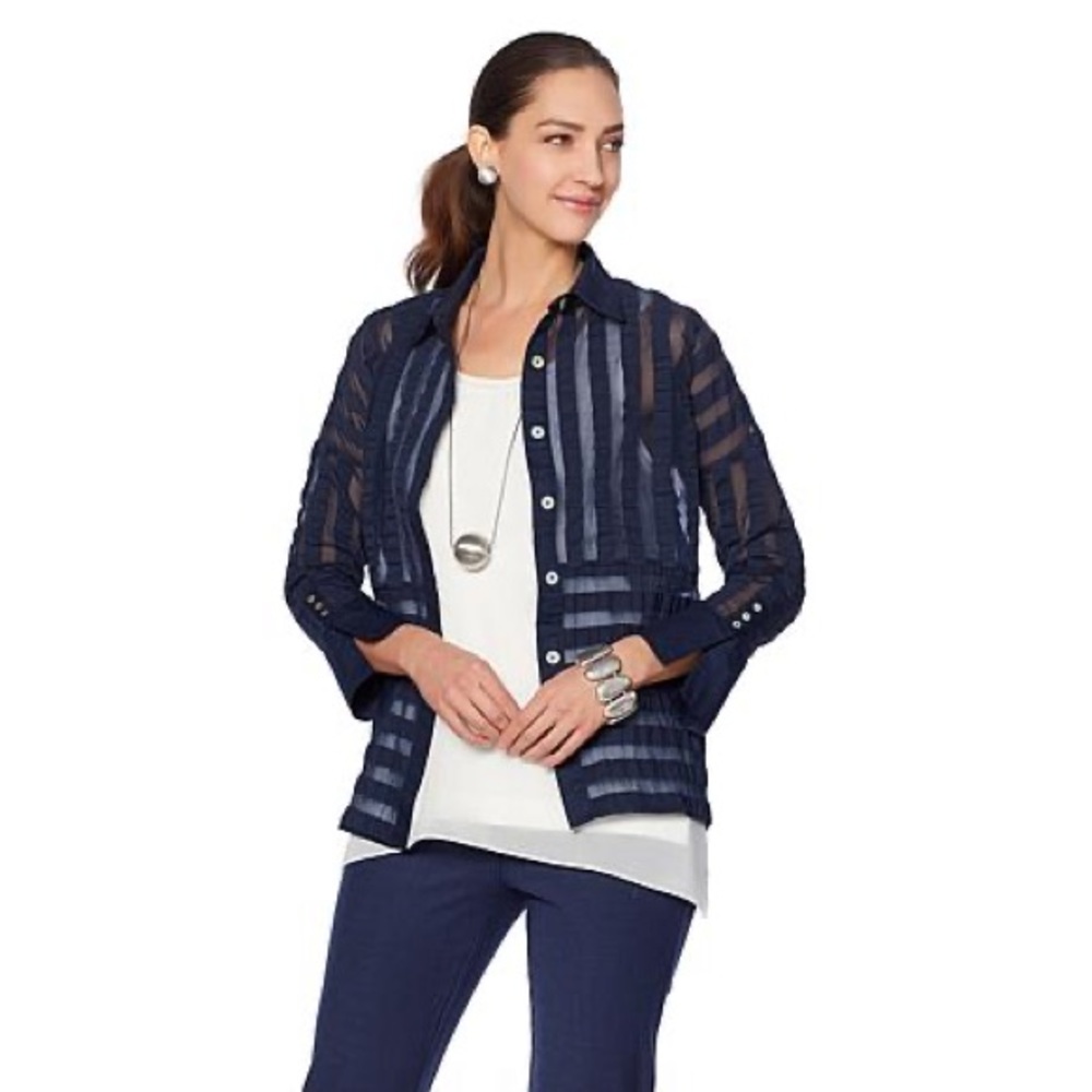 Hsn Wynne Layers Shadow Stripe Navy Button Down - Gem